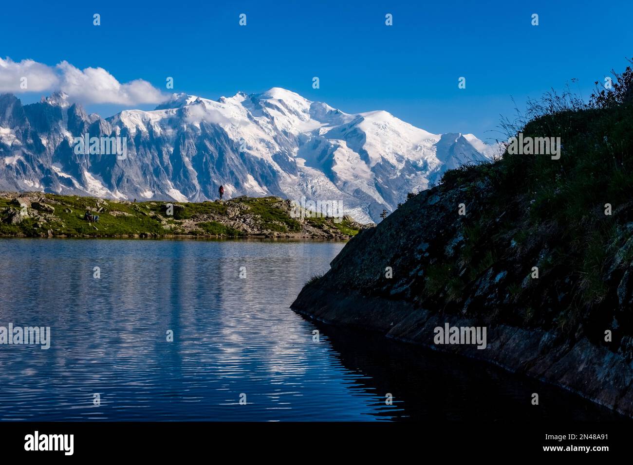 The summits of Mont Blanc du Tacul, Aiguille du Midi, Mont Maudit, Mont Blanc and Dome du ...