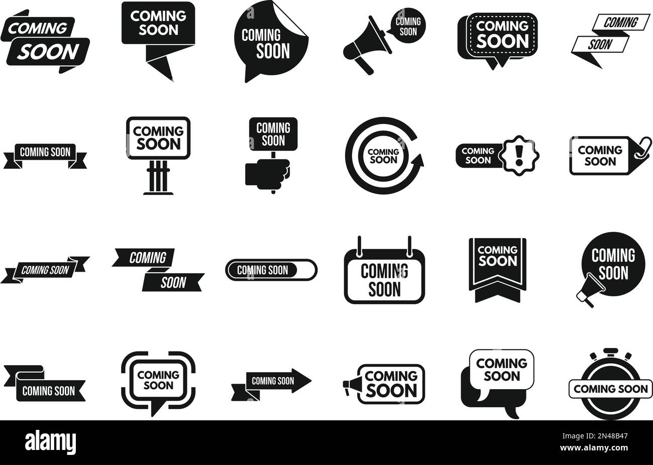 Coming soon icons set simple vector. Neon sign. Arrival release Stock ...