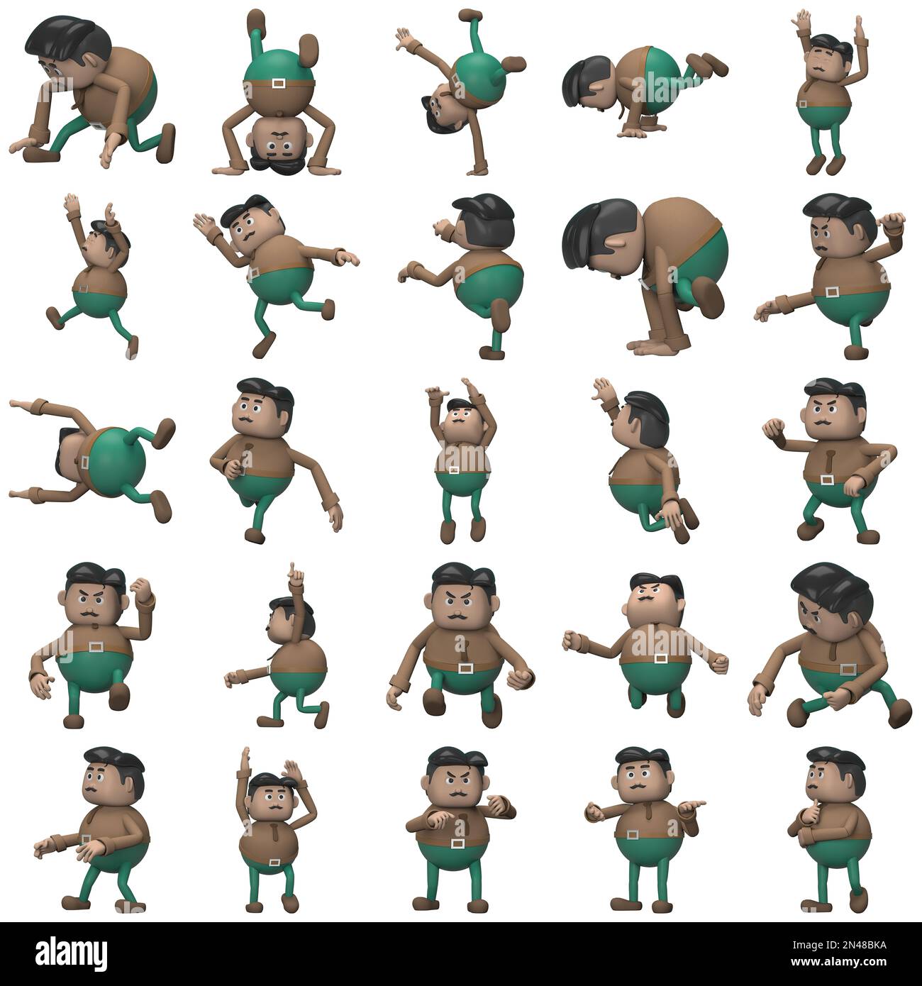 The man with mustache wearing a brown long shirt green pants is ...