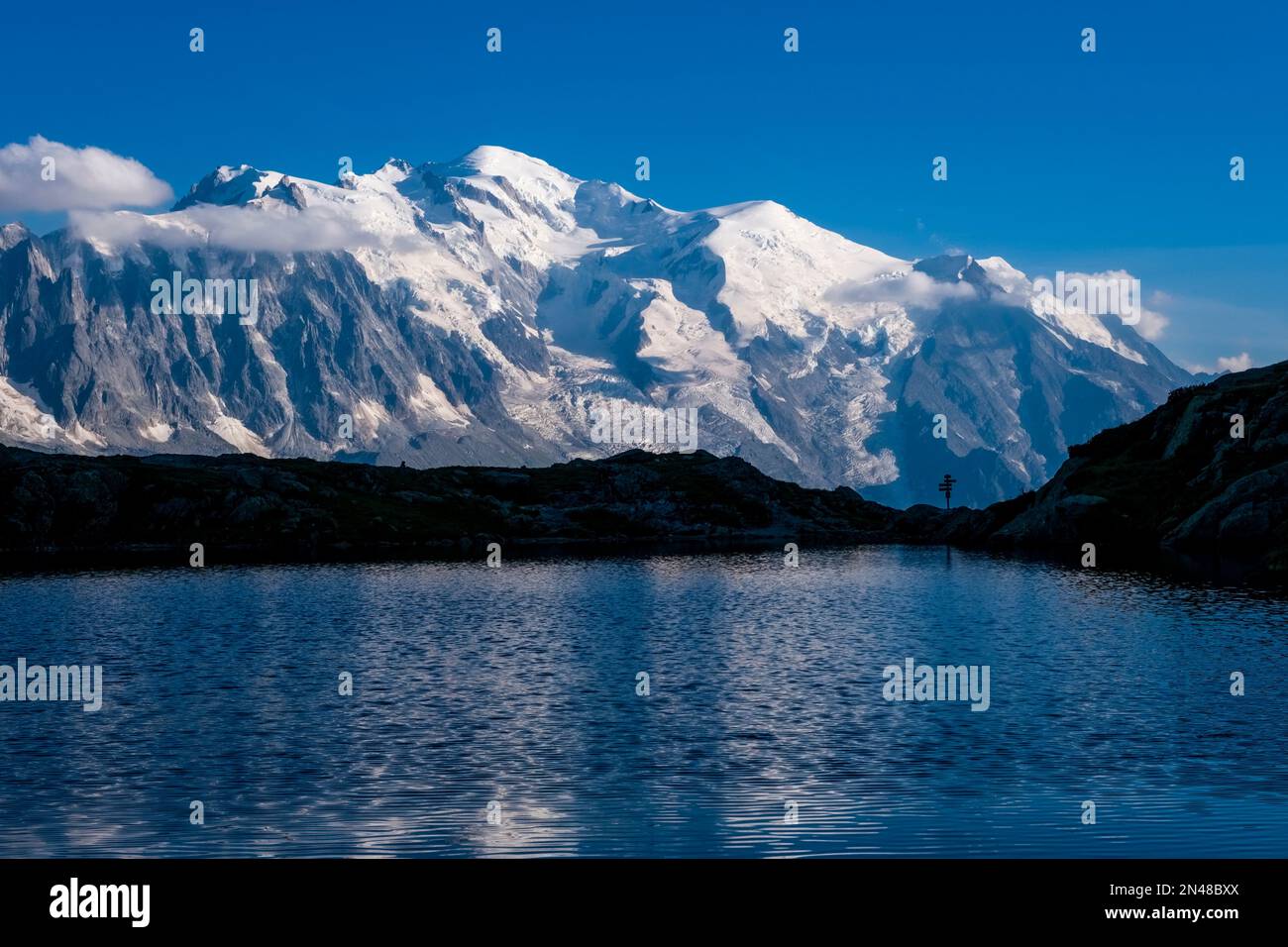 The summits of Mont Blanc du Tacul, Aiguille du Midi, Mont Maudit, Mont Blanc and Dome du ...