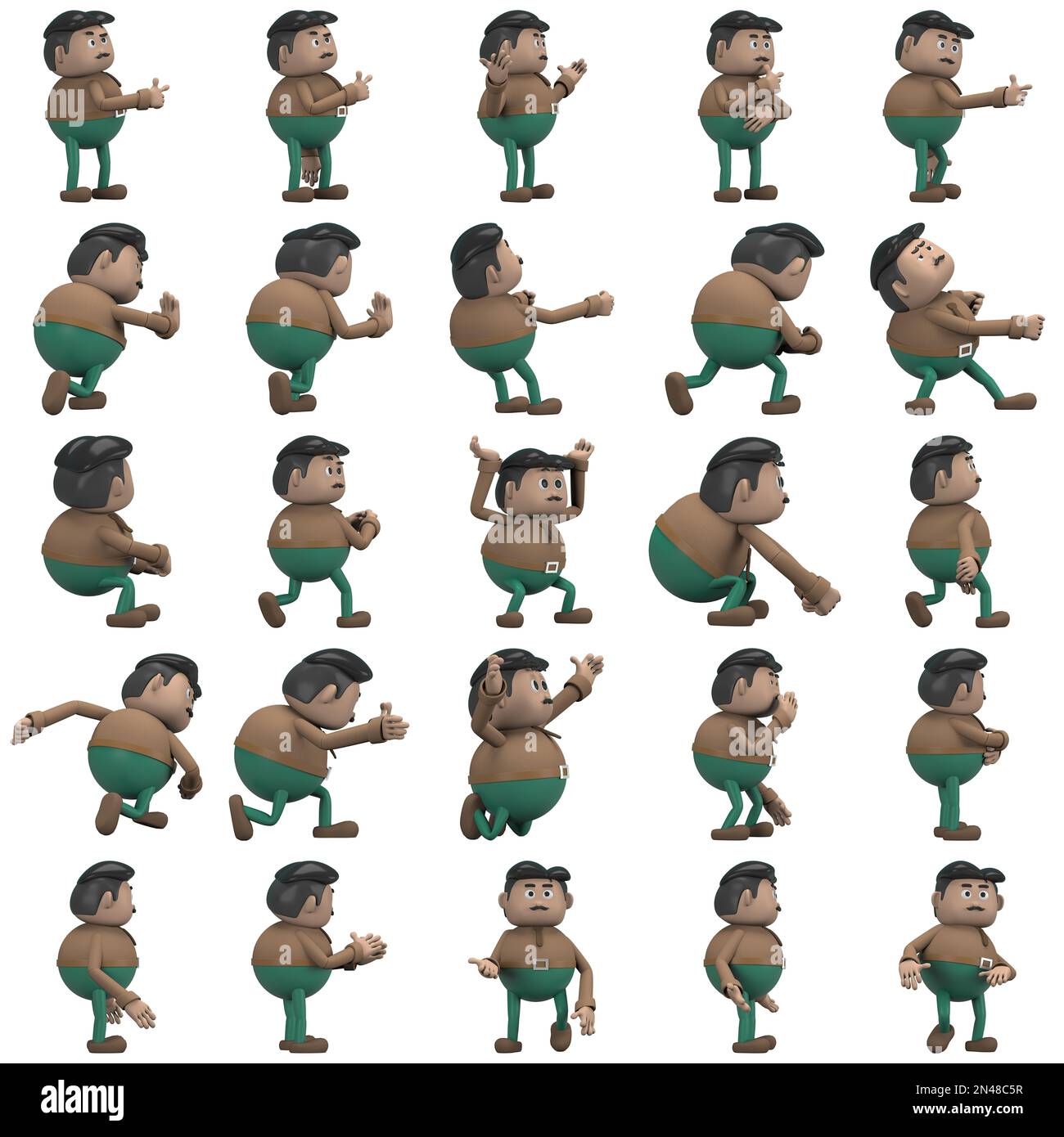 The man with mustache wearing a brown long shirt green pants is ...