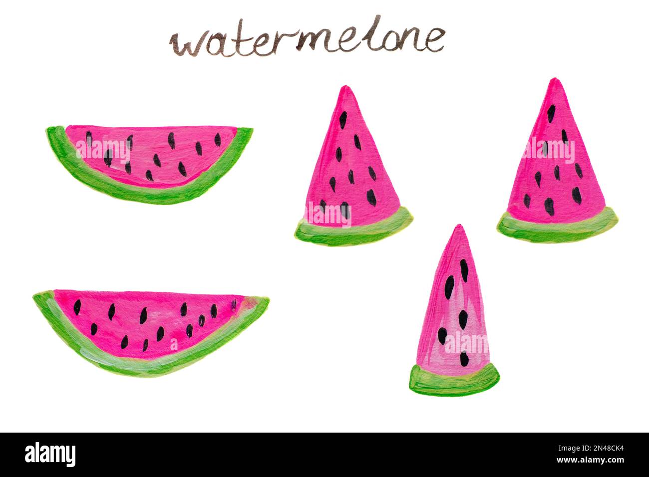 Hand drawn set of watermelon slices,isolated on white. Acrylic painted ...
