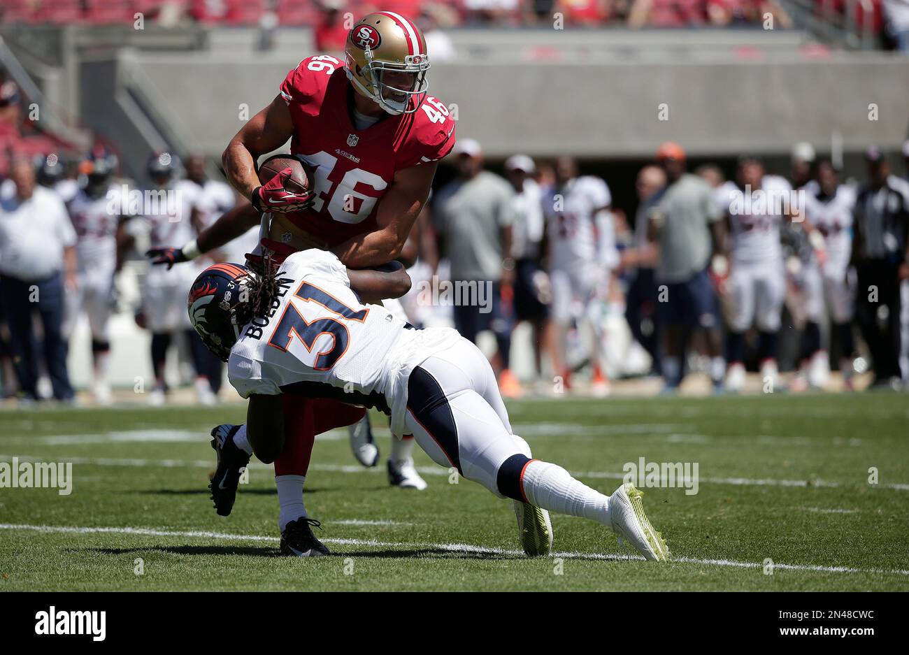 San Francisco 49ers tight end Derek Carrier (46) runs against Denver ...