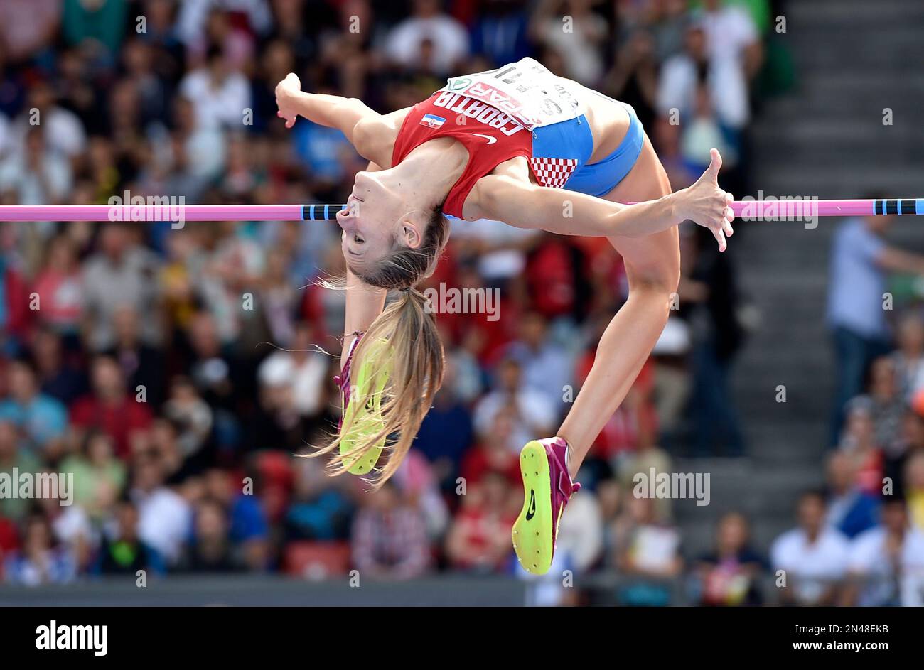 Croatia's Ana Simic makes an attempt in the women's high jump final ...