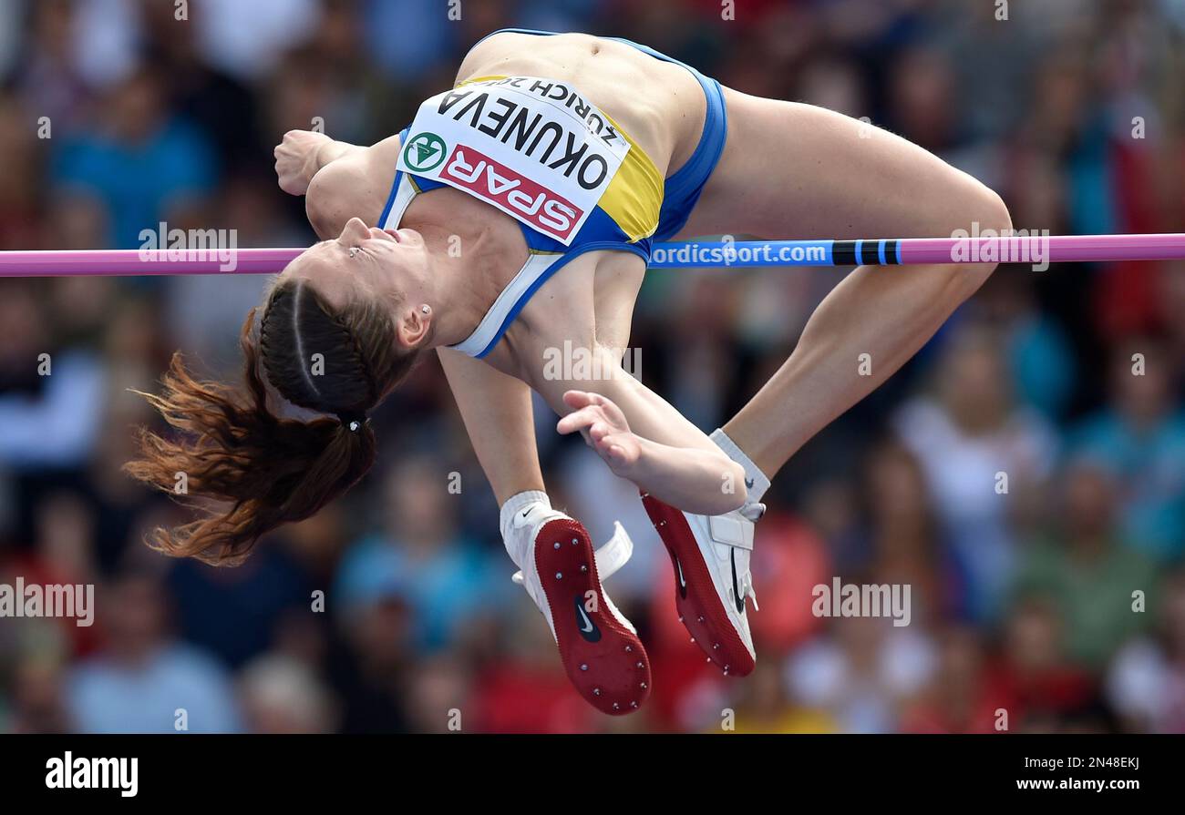 Ukraine's Oksana Okuneva makes an attempt in the women's high jump ...