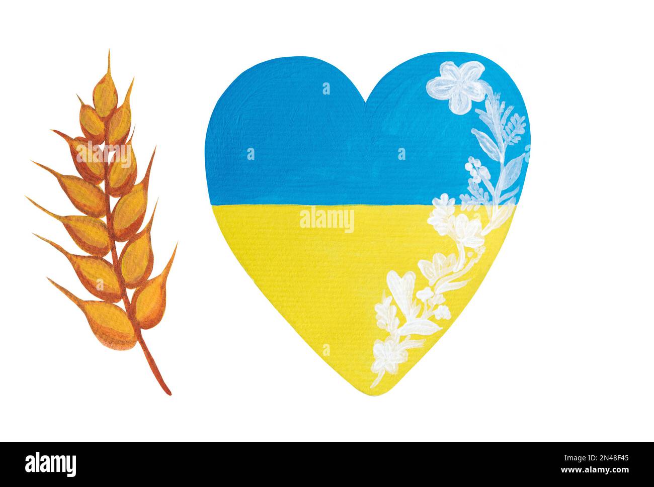Hand drawn painted heart and sprig of wheat in yellow and blue. Pray ...