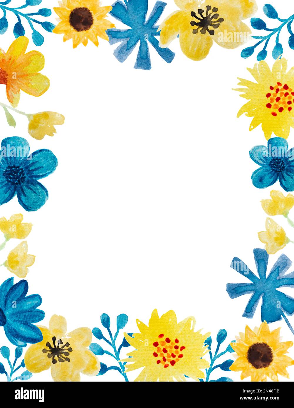 Yellow and blue watercolor floral border. Illustration,isolated on ...