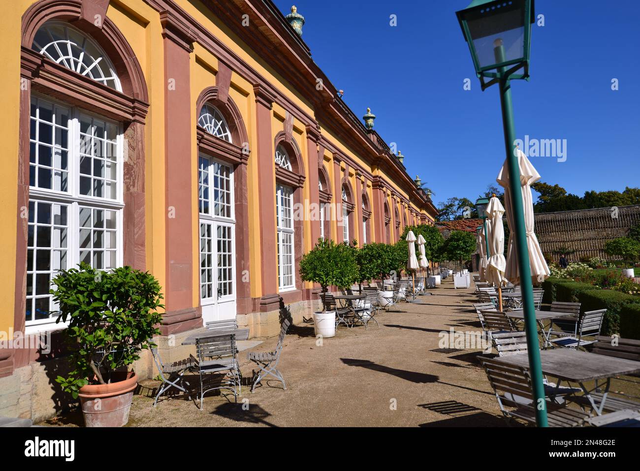 A scenic view of a backyard and the castle of Weilburg architecture ...