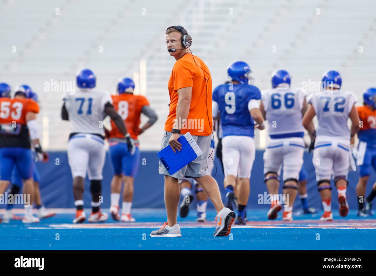 Boise State head coach Bryan Harsin looks to the clock during the NCAA ...