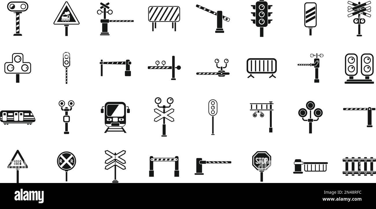 Railway crossing icons set simple vector. Signal alert. Gate rail Stock ...