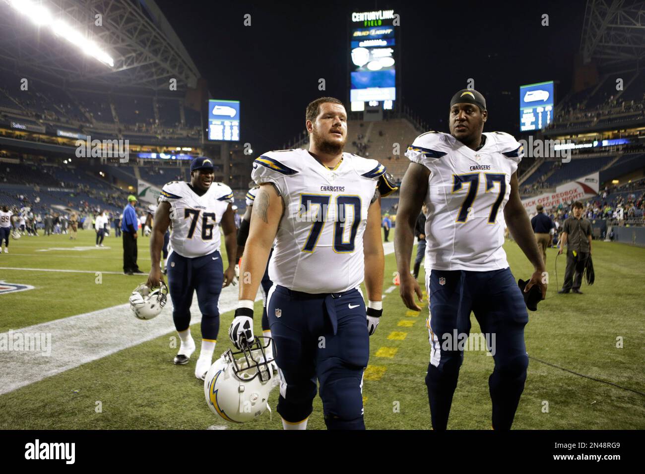 San Diego Chargers Chas Alecxih (70) and King Dunlap (77) leave the ...