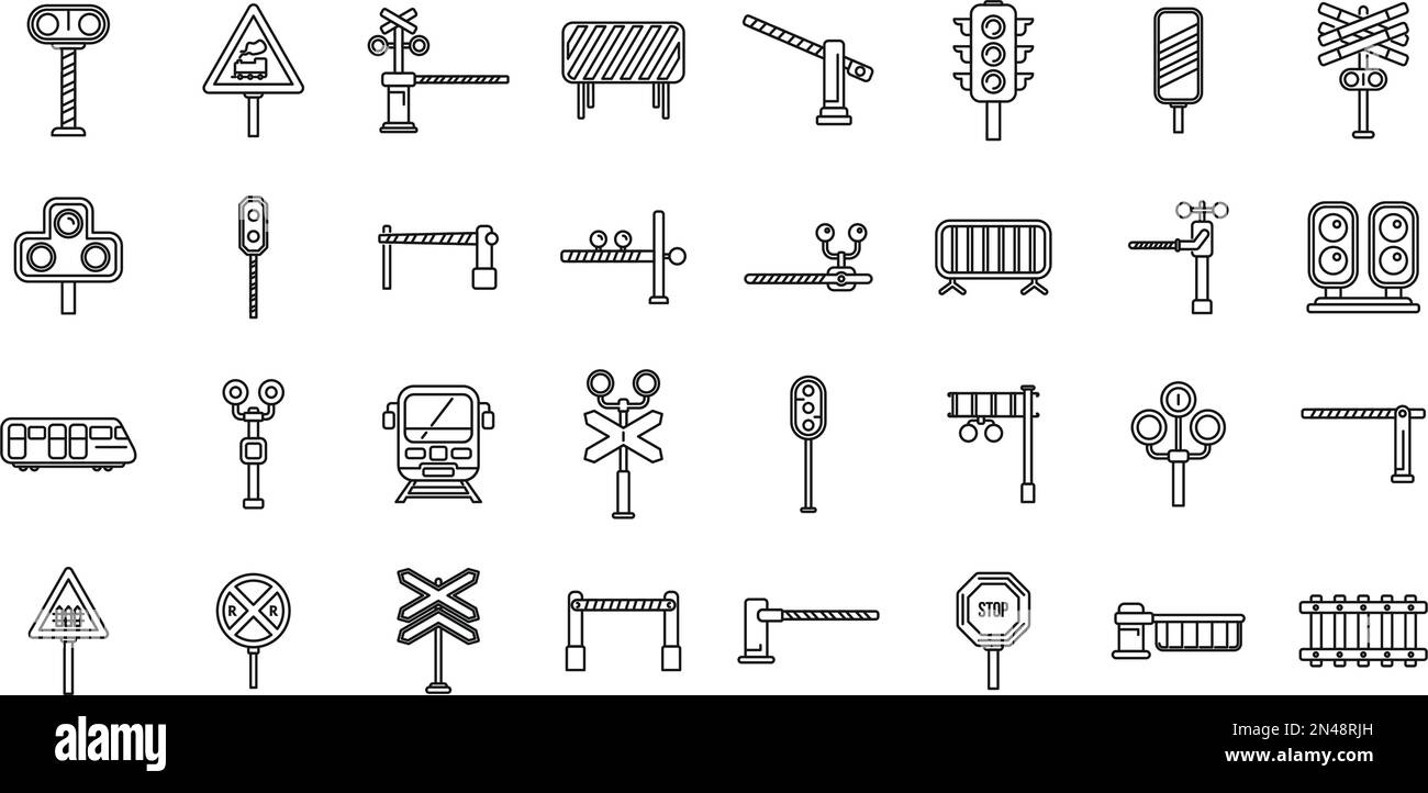 Railway crossing icons set outline vector. Signal alert. Gate rail ...