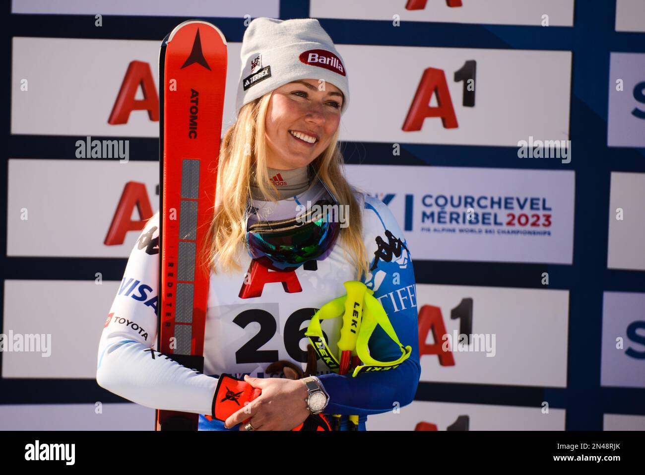 France. 8th Feb, 2023. MIKAELA SHIFFRIN on the podium after finishing second in the Women's ...