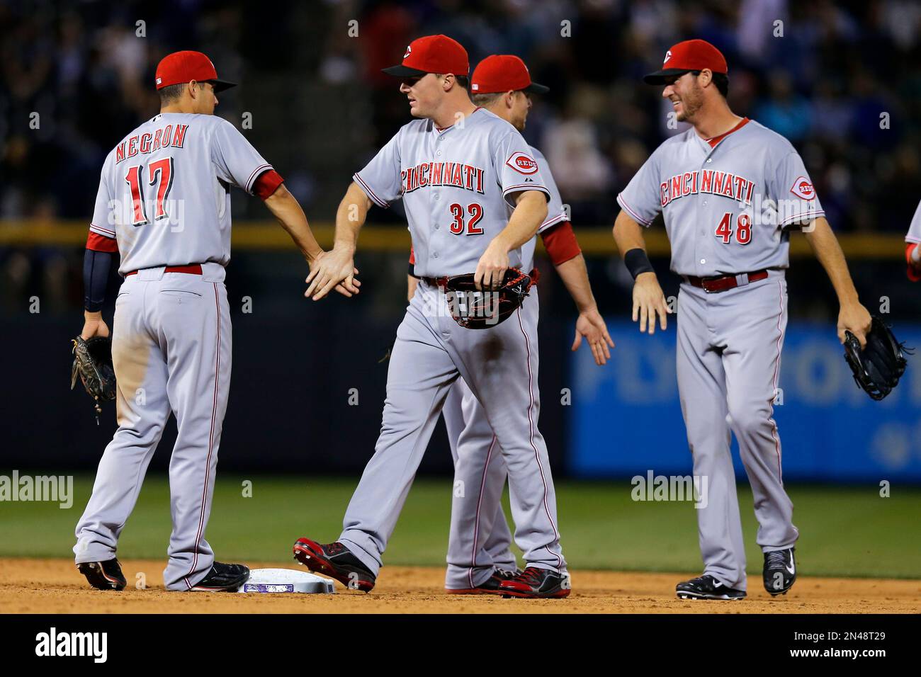 Cincinnati Reds' Jay Bruce (32) and Ryan Ludwick (48) celebrate the ...