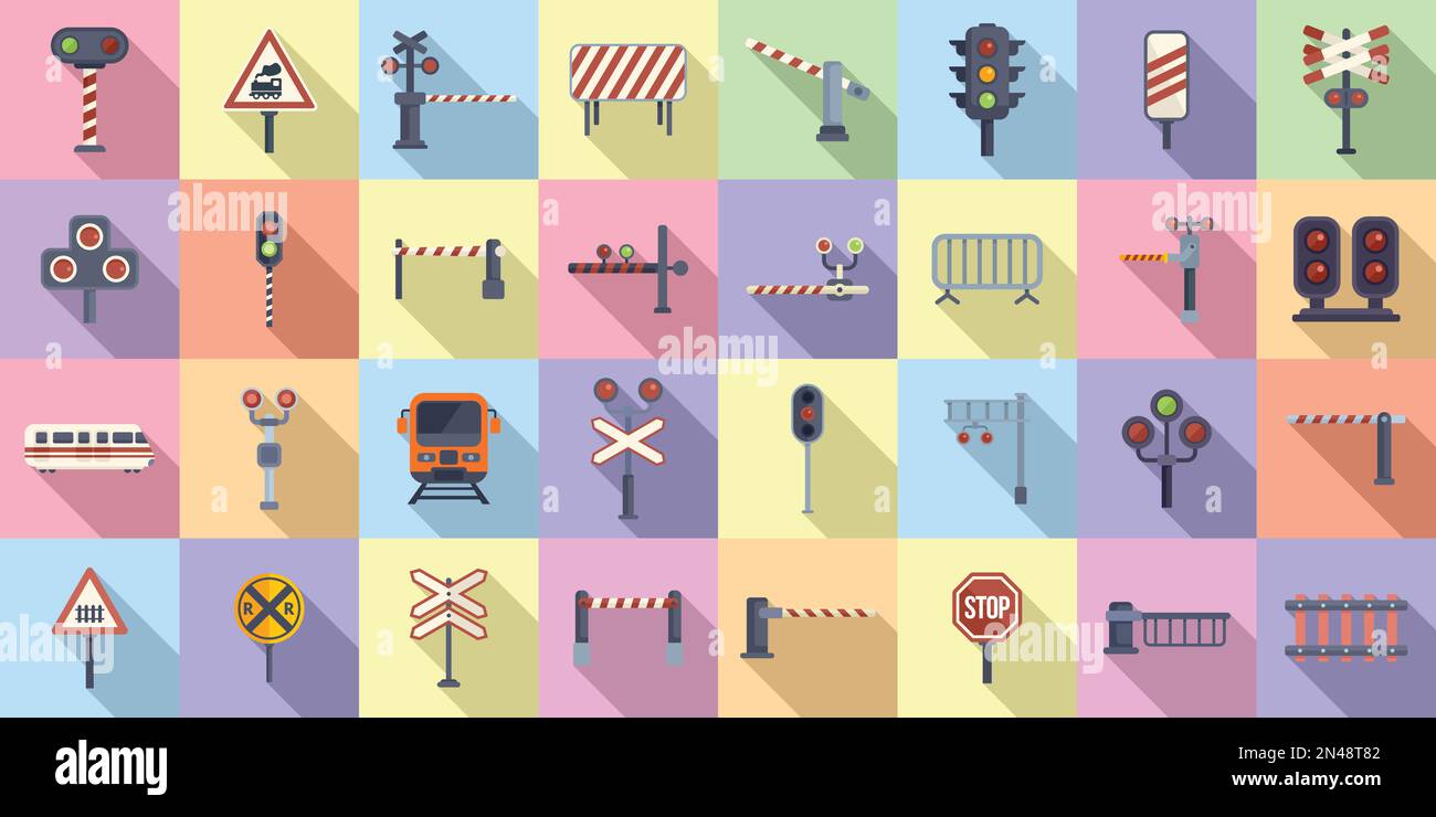 Railway crossing icons set flat vector. Signal alert. Gate rail Stock Vector Image & Art - Alamy