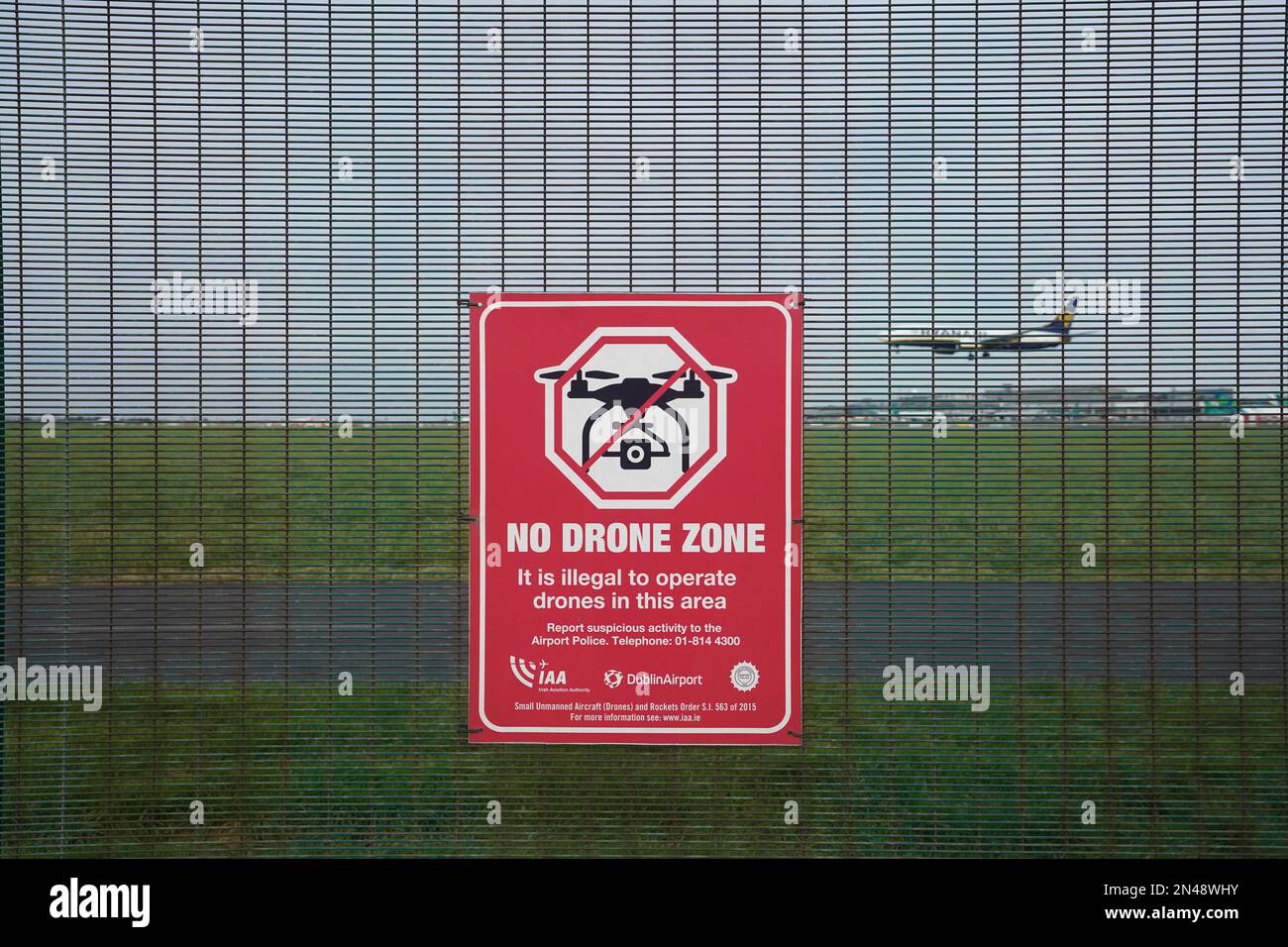 A warning sign against the use of drones on the perimeter fencing at ...