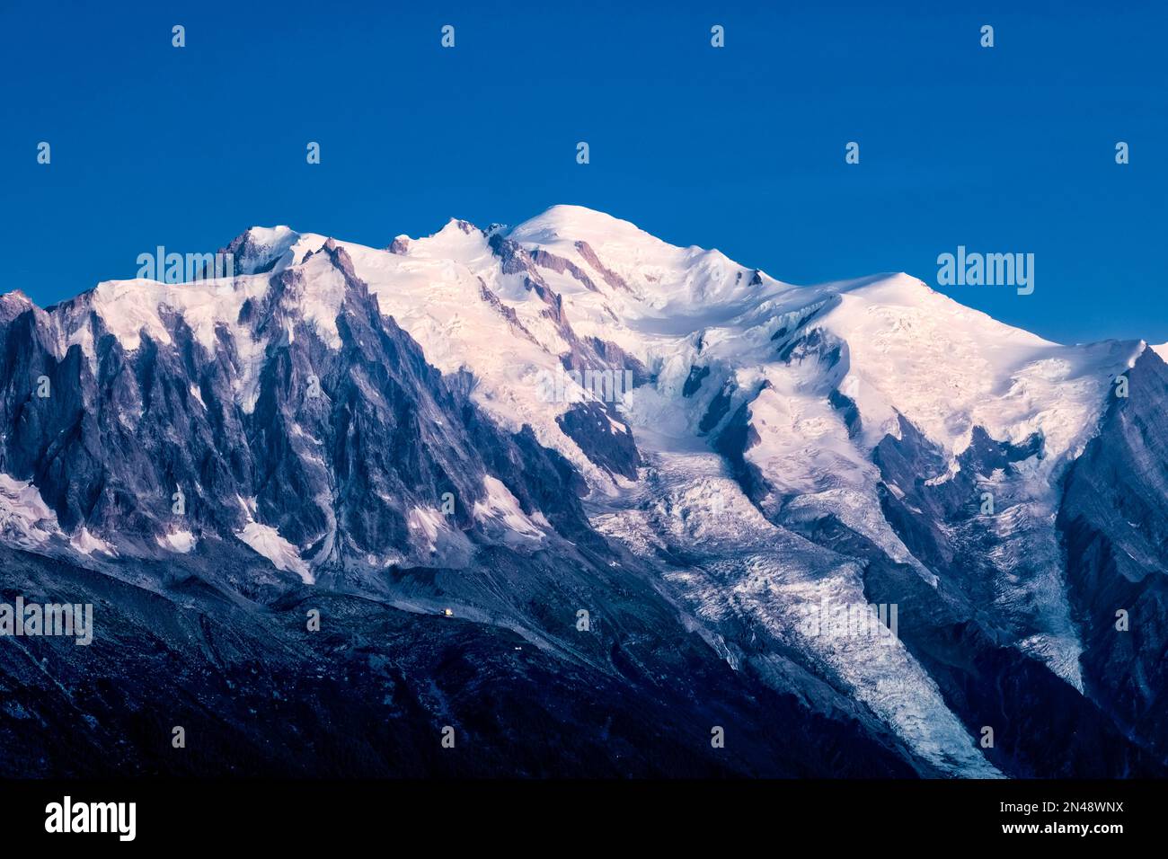 The summits of Mont Blanc du Tacul, Aiguille du Midi, Mont Maudit, Mont Blanc, Dome du Goutier ...