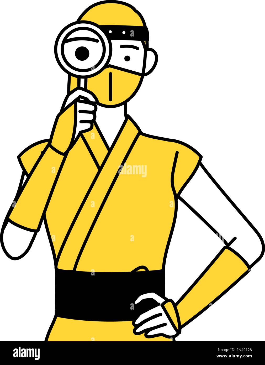 A woman dressed up as a ninja looking through magnifying glasses Stock ...