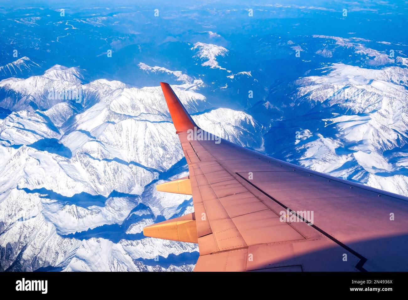 View of airplane wing and sunset sky plane in flight hi-res stock ...