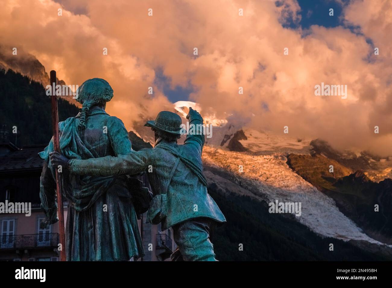The monument of Balmat, pointing at the summit of Mont Blanc, and ...