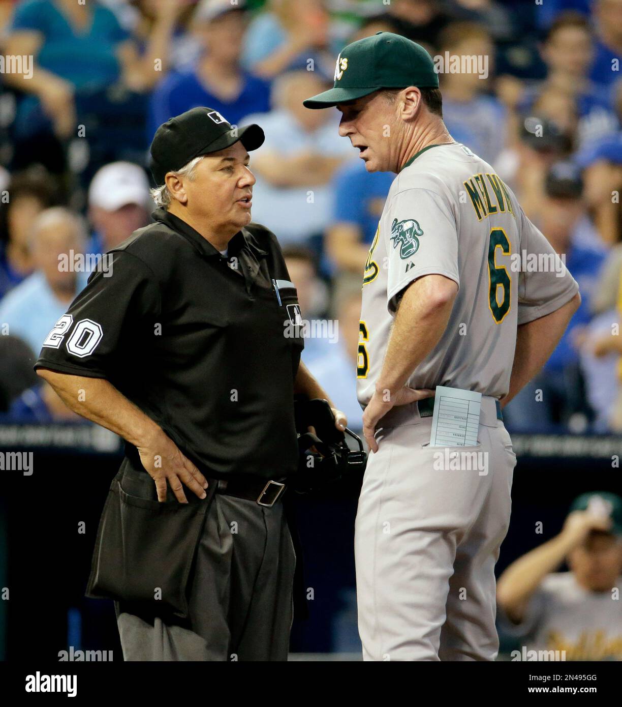 Oakland Athletics manager Bob Melvin disputes a call with home plate ...