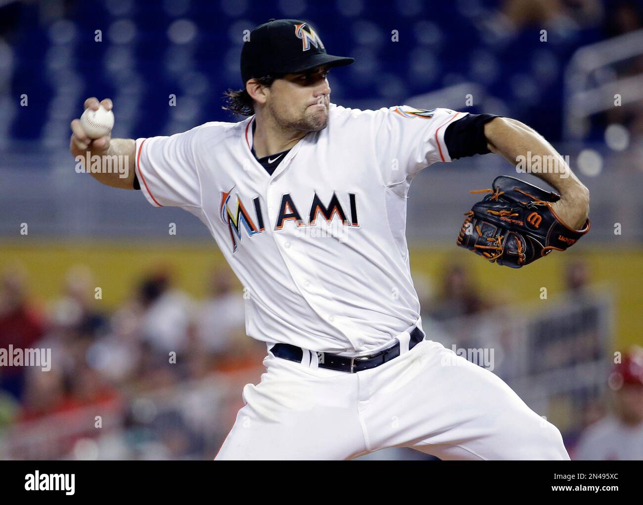Miami Marlins starting pitcher Nathan Eovaldi throws in the first ...