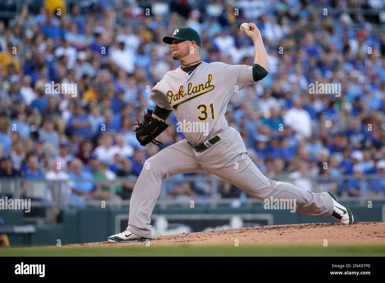 Oakland Athletics starting pitcher Jon Lester throws during the first ...