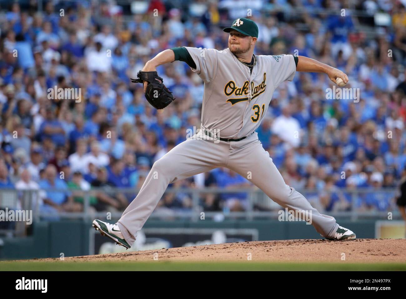 Oakland Athletics starting pitcher Jon Lester throws during the first ...