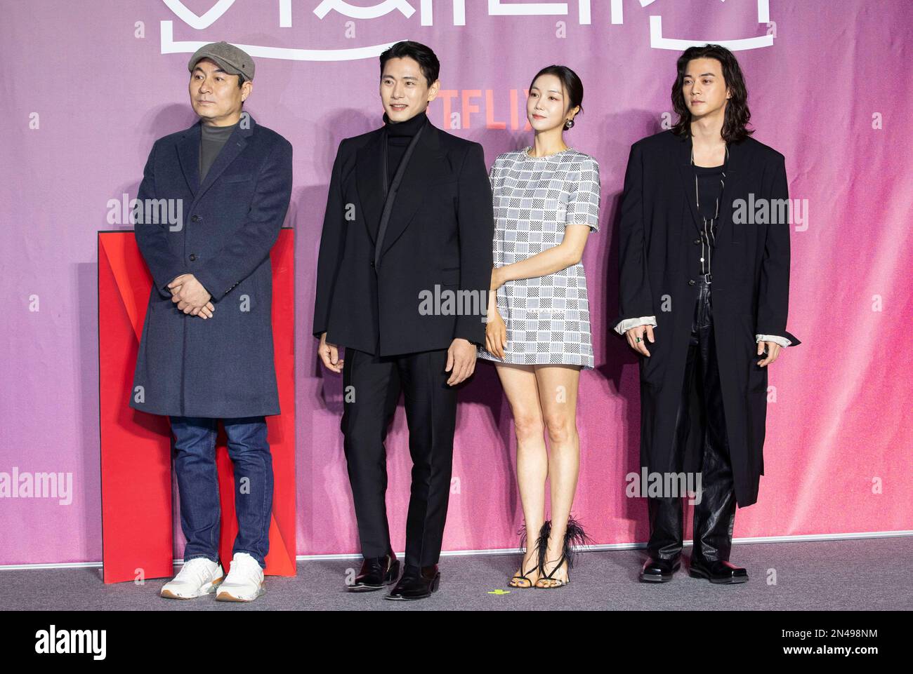 Seoul, South Korea. 8th Feb, 2023. (L to R) South Korean director Kim Jung-kwon, actors Teo Yoo ...