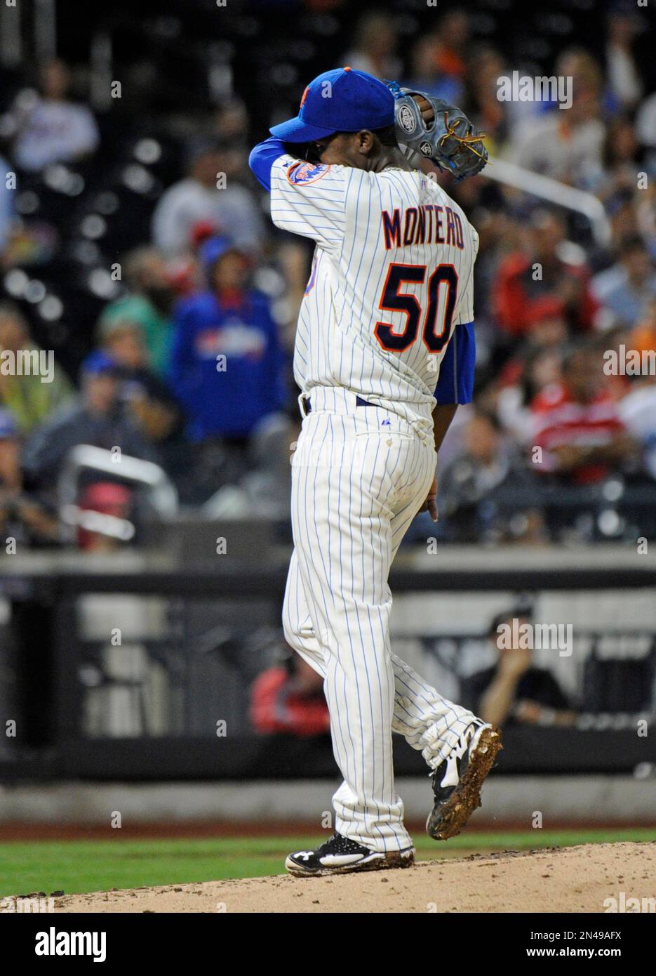 New York Mets pitcher Rafael Montero reacts during the sixth inning of ...