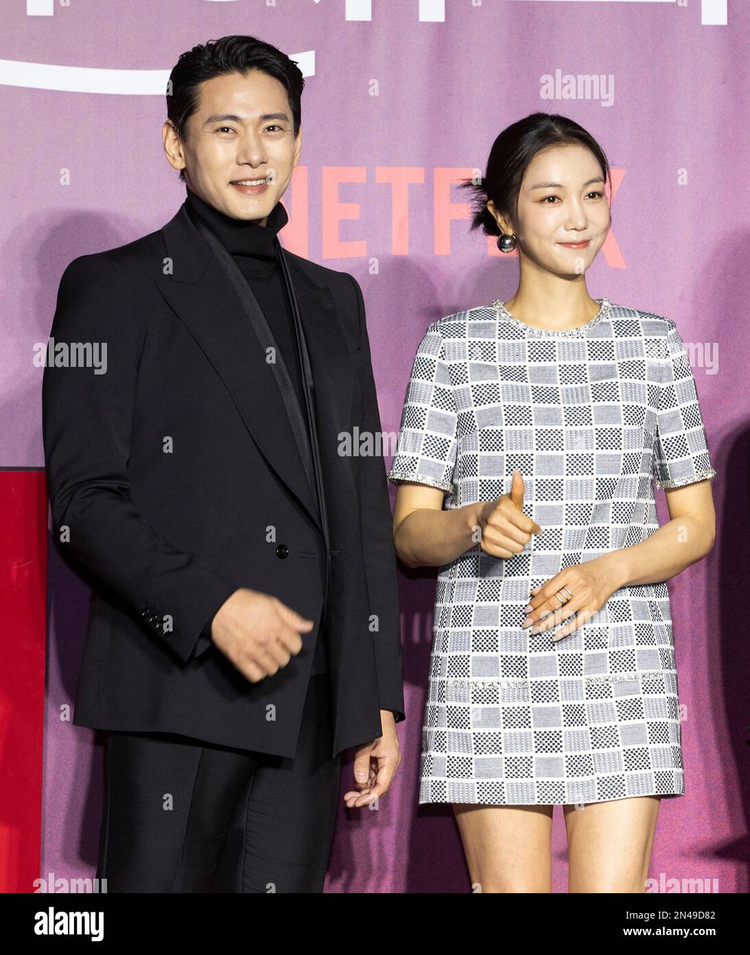 Seoul, South Korea. 8th Feb, 2023. (L to R) South Korean actors Teo Yoo and Kim Ok-bin ...
