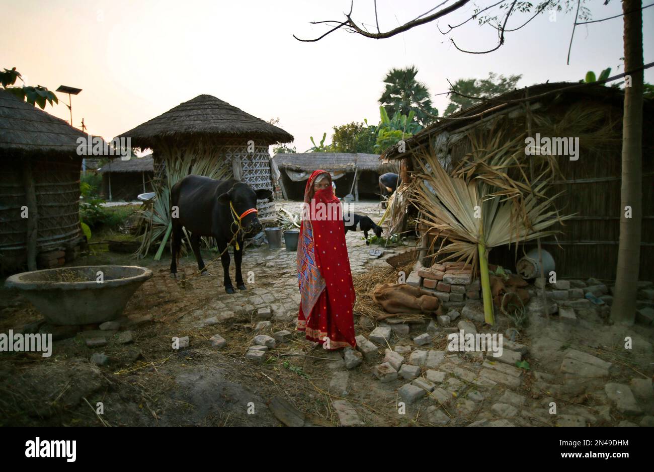 In this Nov. 22, 2013 photo, a woman stands near her home at Vaishali ...