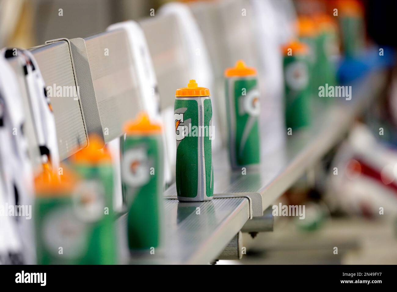 Gatorade bottles line the Buffalo Bills' bench during the second half ...