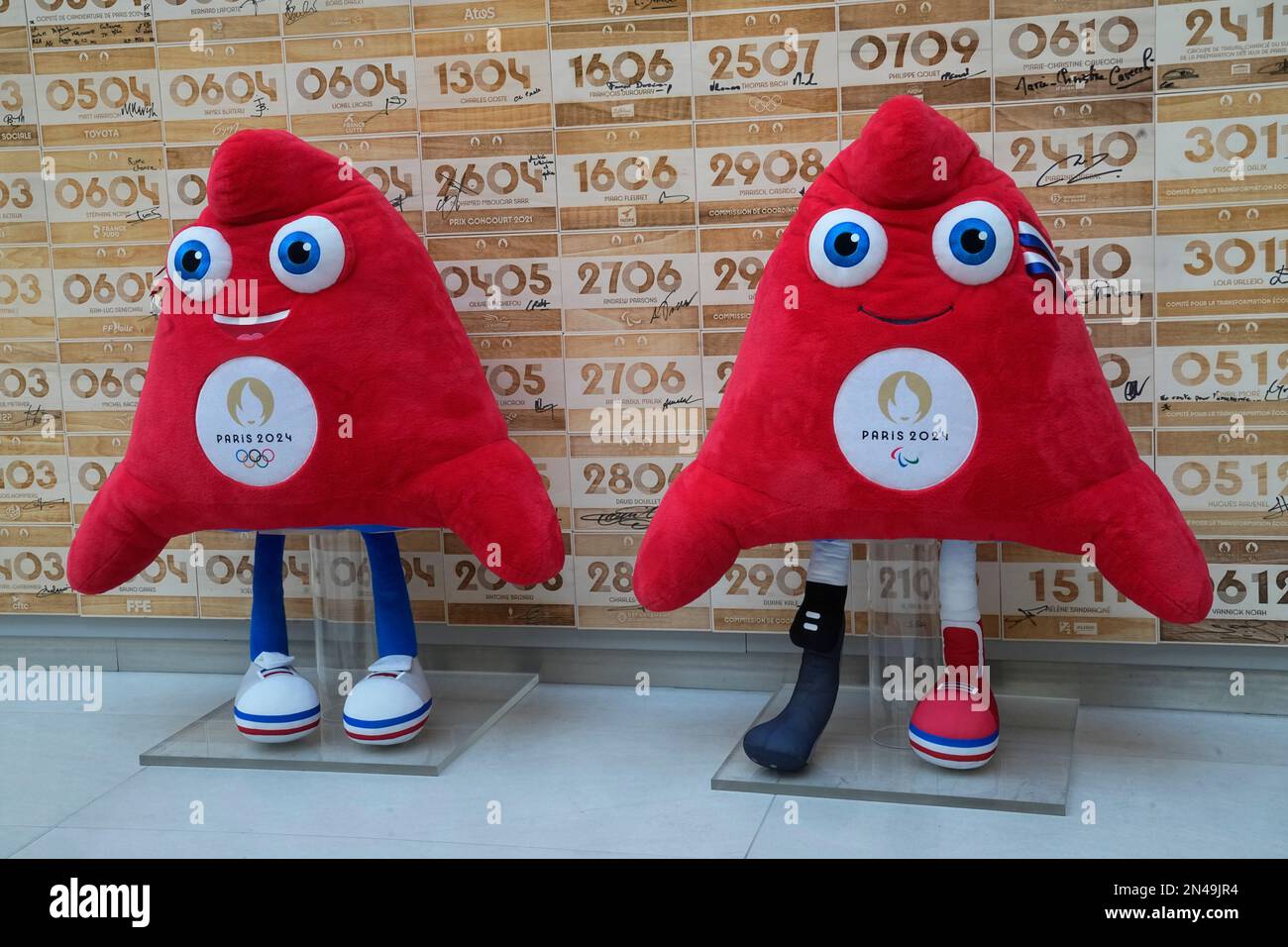 Mascots of the 2024 Paris Olympic Games, right, and Paralympics Games ...