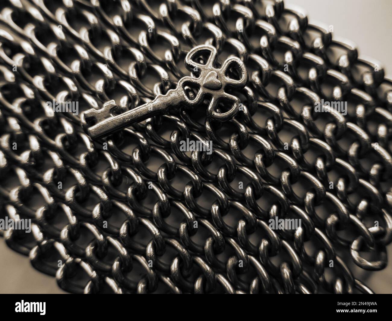 A top view grayscale of a metal key with a heart pattern on a shining ...