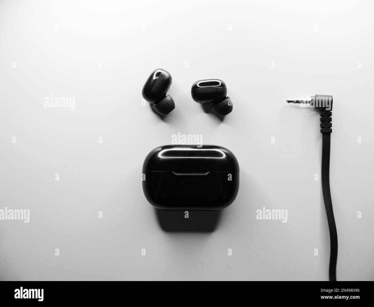 A top view grayscale of wireless earbuds with a black powerbank and a ...