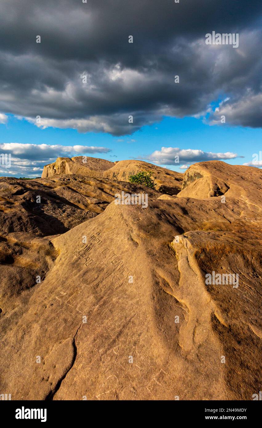 Afternoon sunlight on Black Rocks a small outcrop of natural gritstone ...