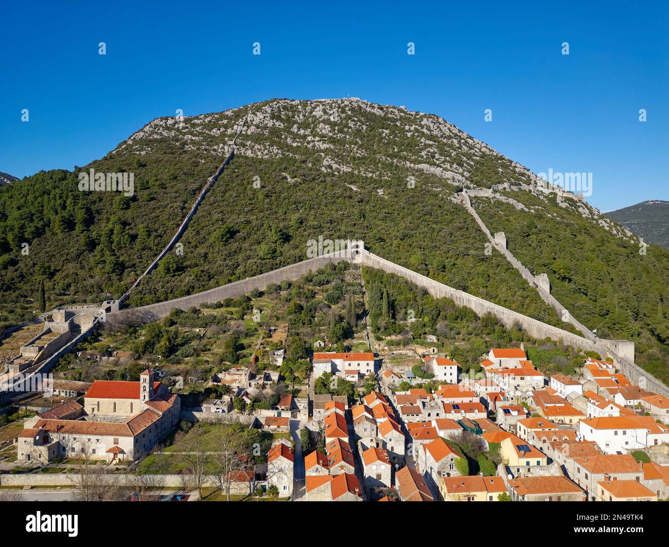 Aerial drone view of the fortified walls of the city Ston in Croatia ...
