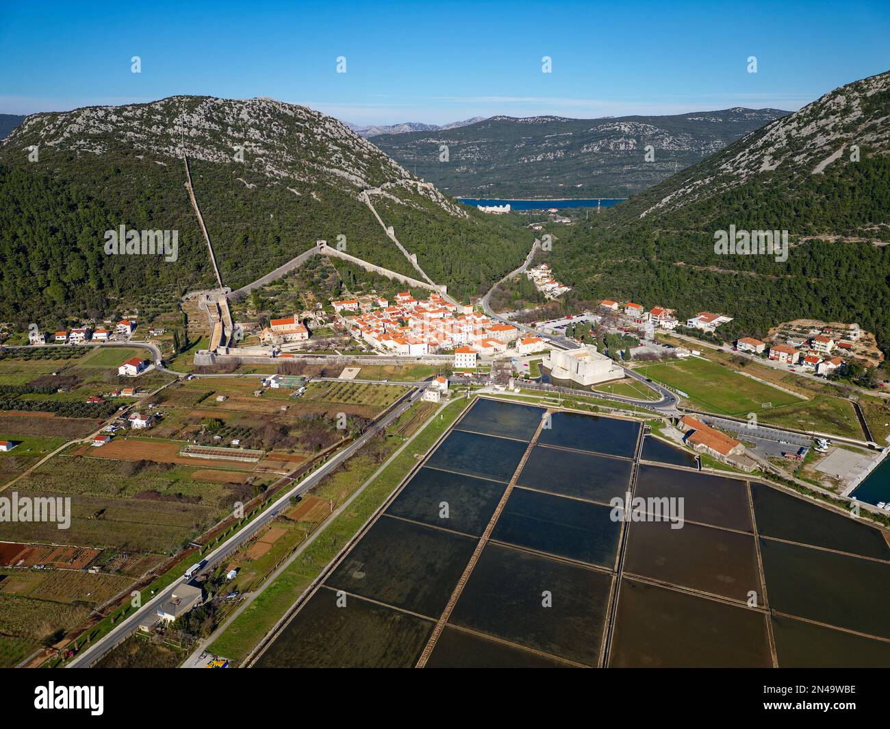 Aerial drone view of the salt pan in the city of Ston in Croatia ...