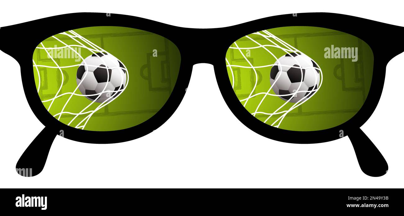 Soccer ball in goal. Goal net. Soccer border on green football grass ...