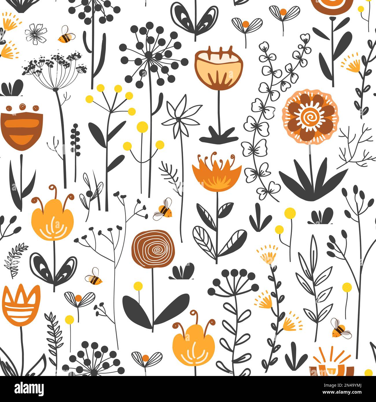 Meadow flowers seamless pattern. Blooming grass and honey bees ...