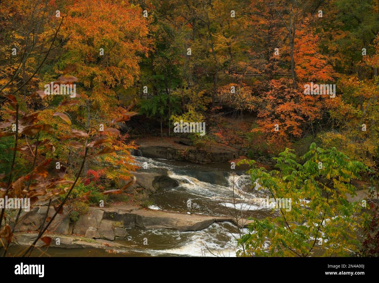 Cascades and waterfalls in the Rocky River seen from an overlook in a ...