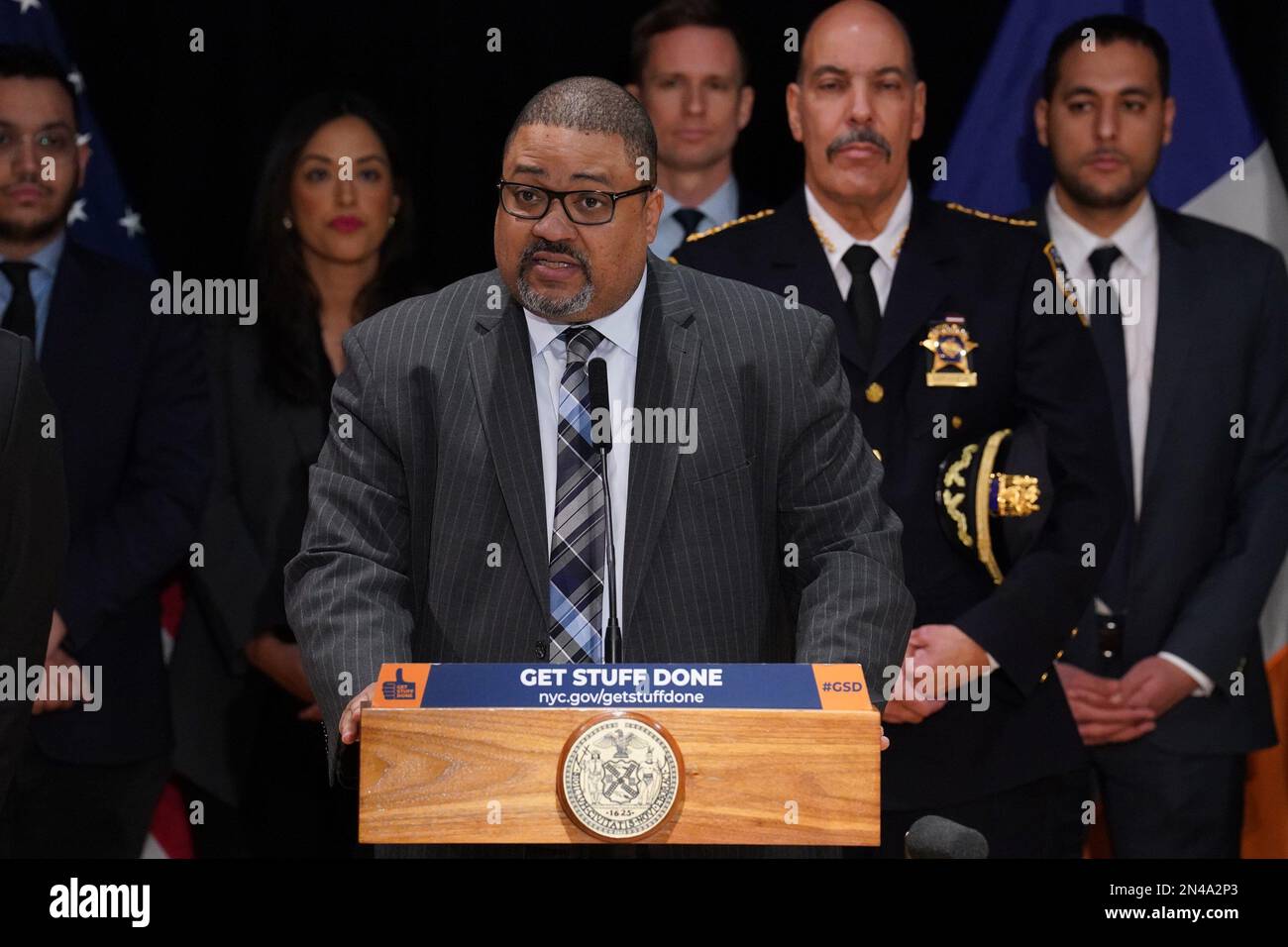 New York, NY, USA. 7th Feb, 2023. Alvin L Bragg Jr at the press ...