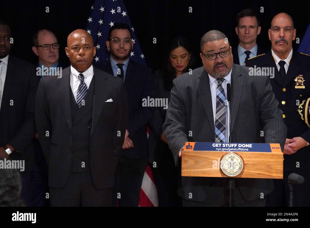 New York, NY, USA. 7th Feb, 2023. Eric Adams, Alvin L Bragg Jr at the press conference for Mayor ...