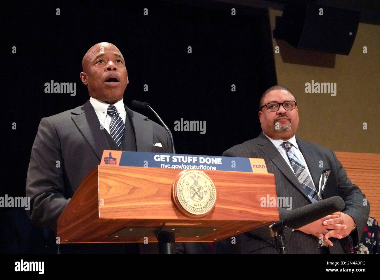 New York, NY, USA. 7th Feb, 2023. Eric Adams, Alvin L Bragg Jr at the ...