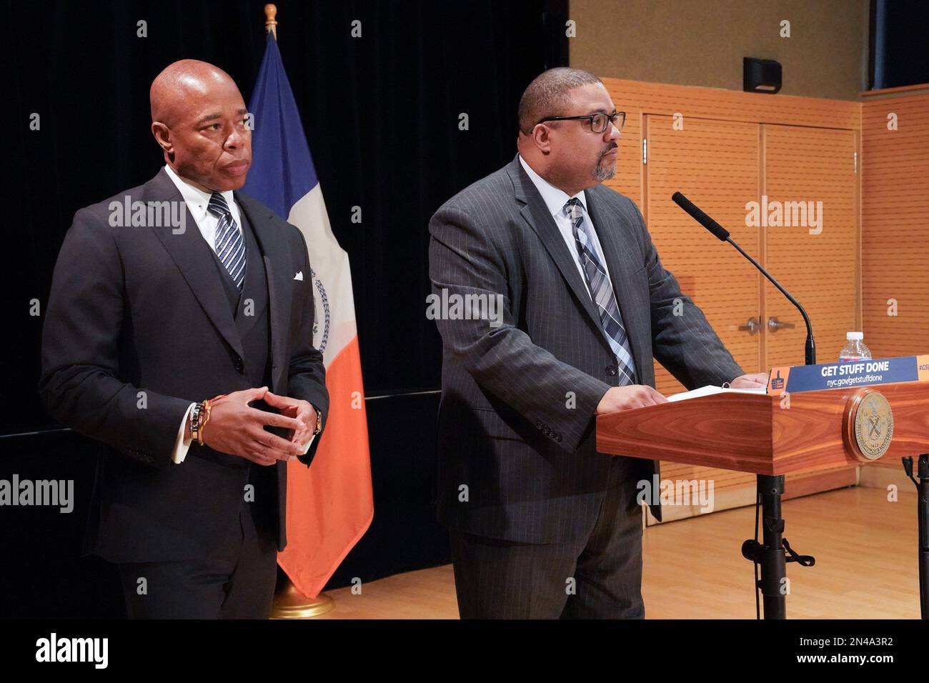 New York, NY, USA. 7th Feb, 2023. Eric Adams, Alvin L Bragg Jr at the press conference for Mayor ...