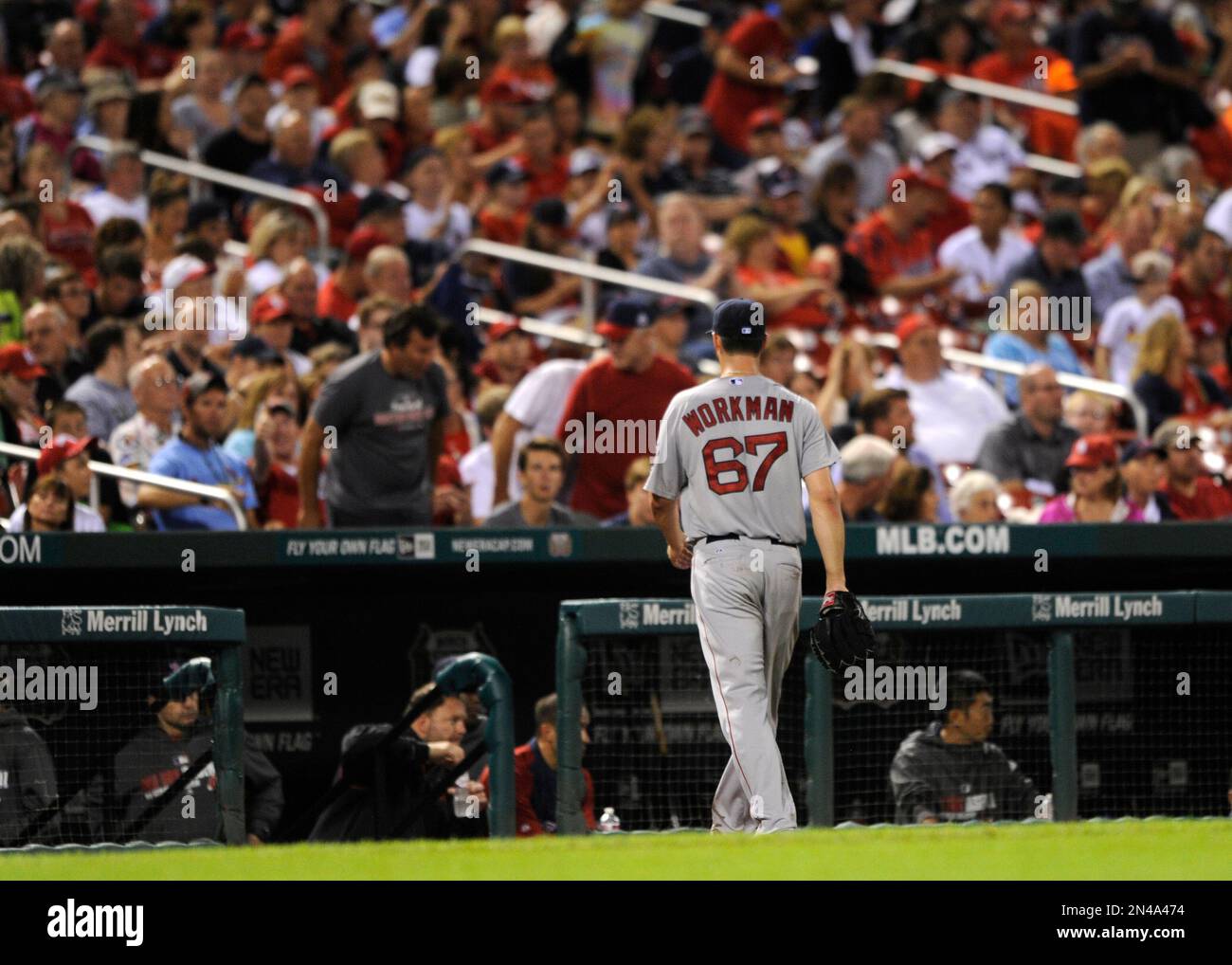 Boston Red Sox's starting pitcher Brandon Workman (67) leaves the game ...