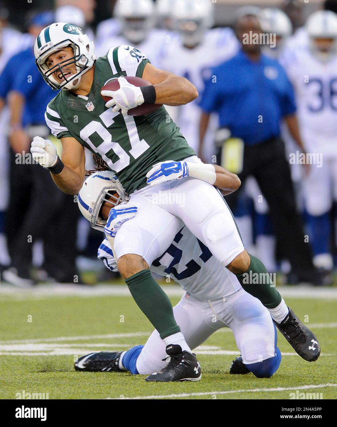 New York Jets wide receiver Eric Decker (87) is tackled by Indianapolis ...