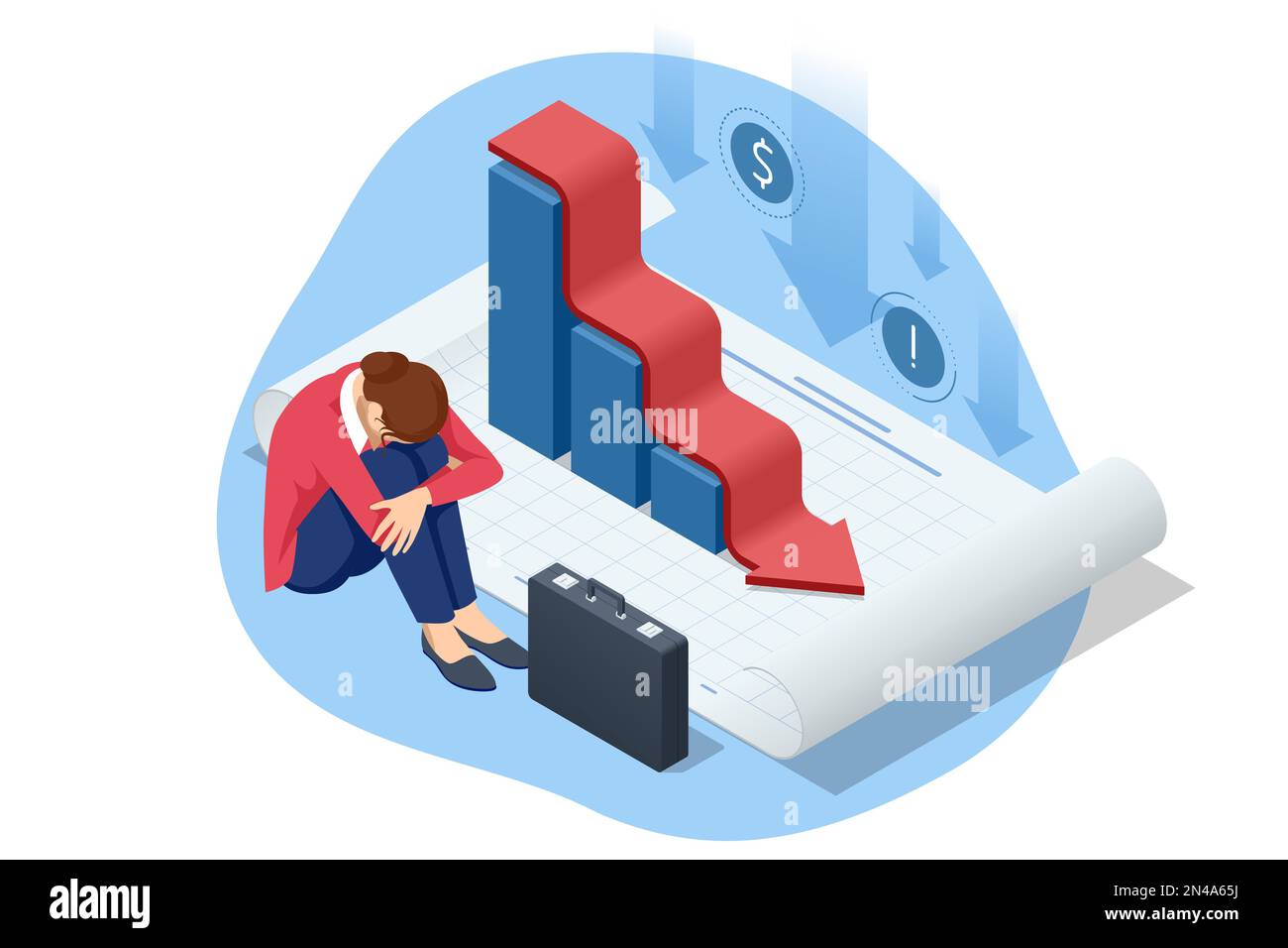 Isometric Concept of Business Decline Downward Arrow Trend, Bankruptcy, Bankruptcy, Bad Economy ...