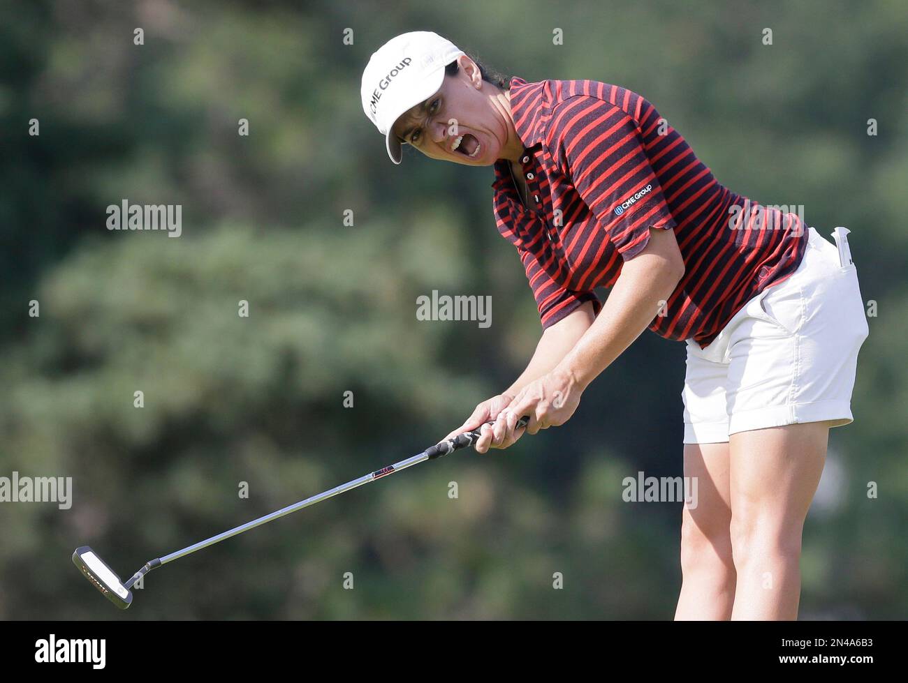 Mo Martin reacts after missing her birdie putt on the 17th hole during ...